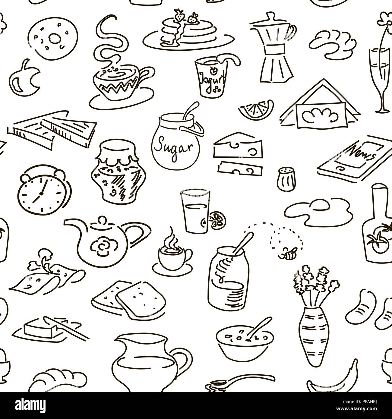 Morning breakfast doodle vector set on black. Chalk board style. Bread ...