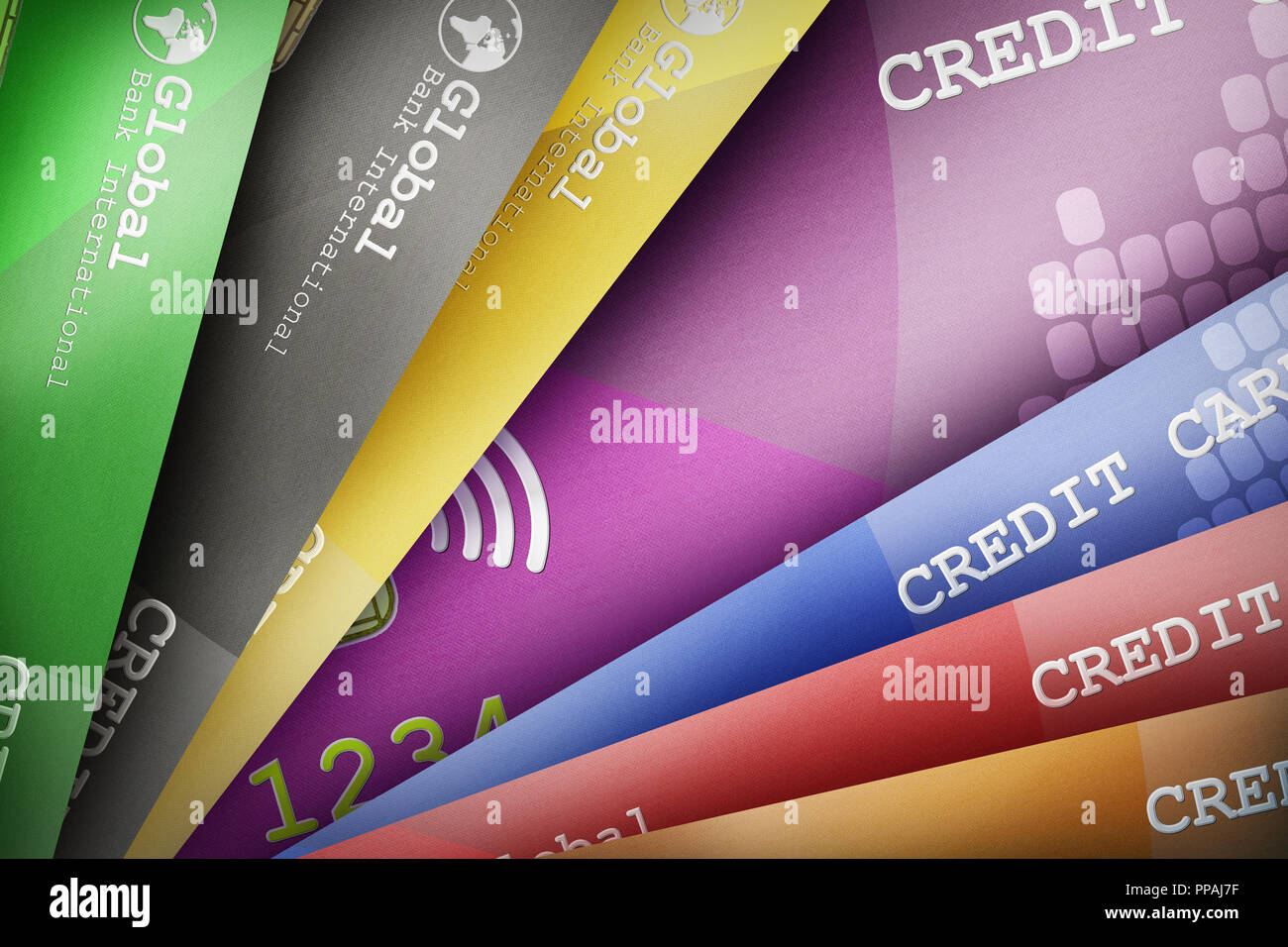 Two credit Cards standing next to each other. One blue and one red ...