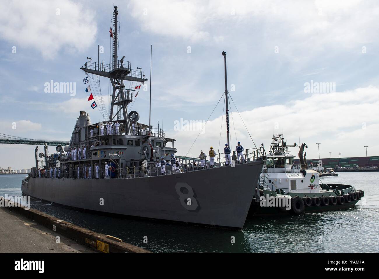 LOS ANGELES (August 28, 2018) Sailors man the rails aboard the Avenger ...