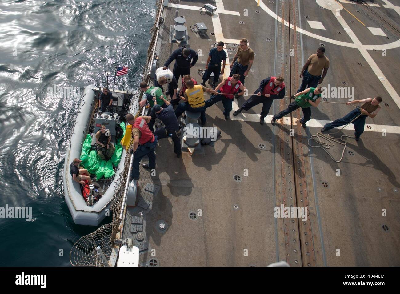 GULF OF ADEN (Aug. 28, 2018) U.S. Navy Sailors aboard the guided ...