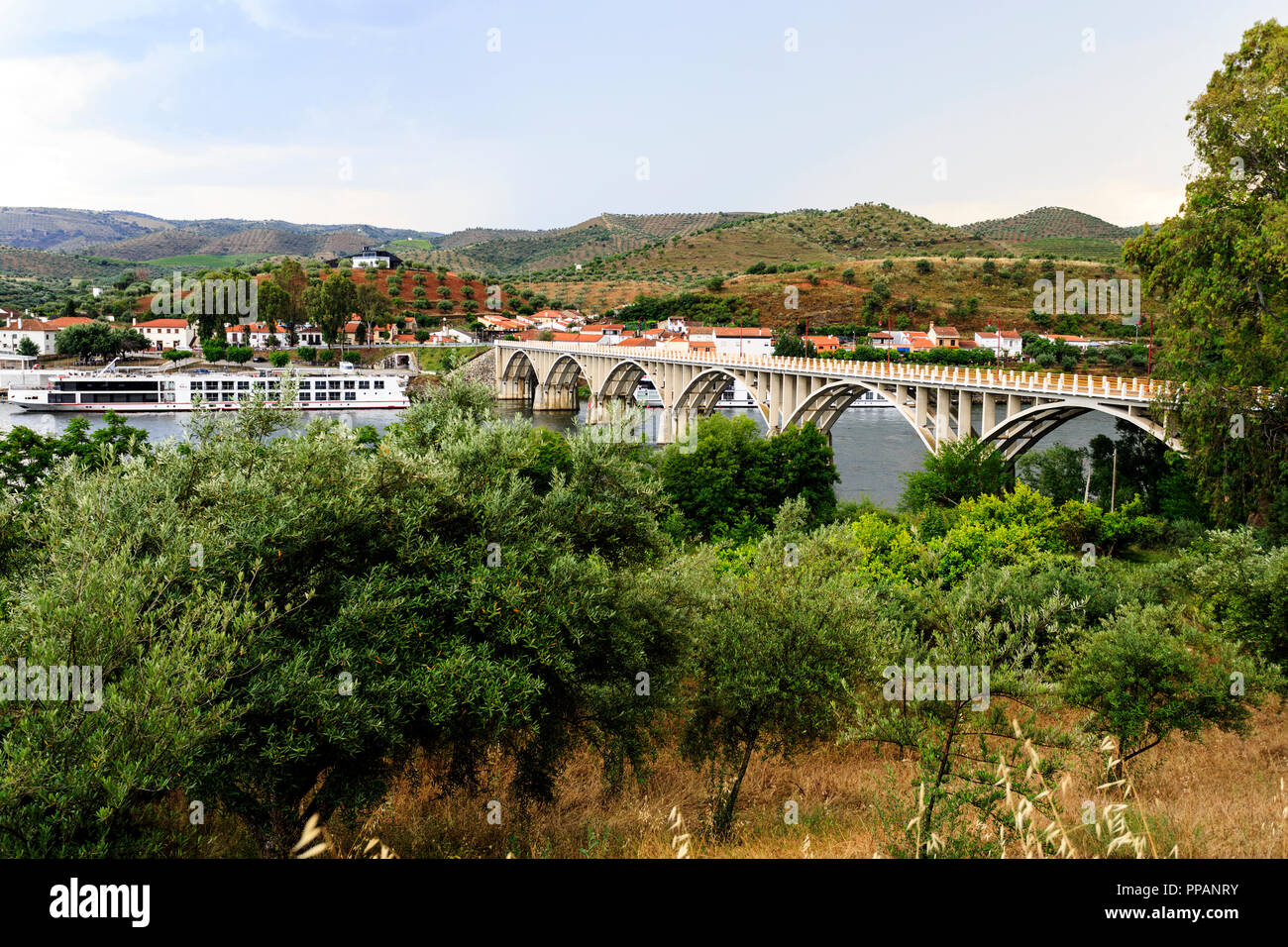 View of the river cruise terminal and bridge, in Barca de Alva, near ...