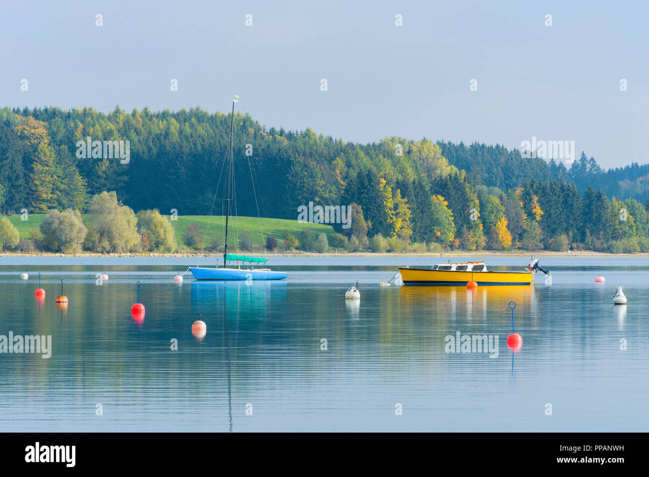 Colorful Boats, Lake Forggensee, Dietringen, Swabia, Allgau, Bavaria ...