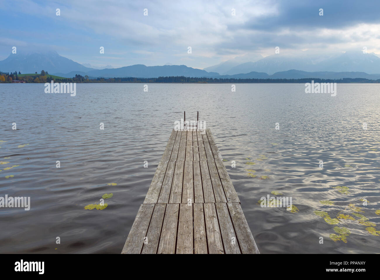 Wooden Jetty on Lake Hopfensee, Hopfen am See, Fussen, Swabia, Allgau ...