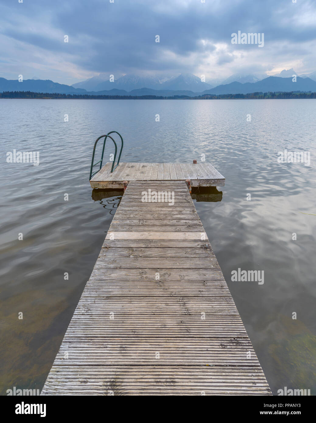 Wooden Jetty on Lake Hopfensee, Hopfen am See, Fussen, Swabia, Allgau ...