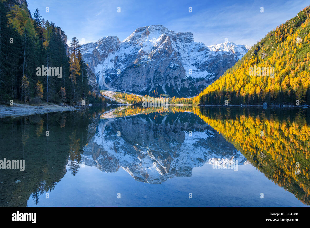 Croda del Becco, Seekofel, reflected in lake in autumn, Braies Lake ...