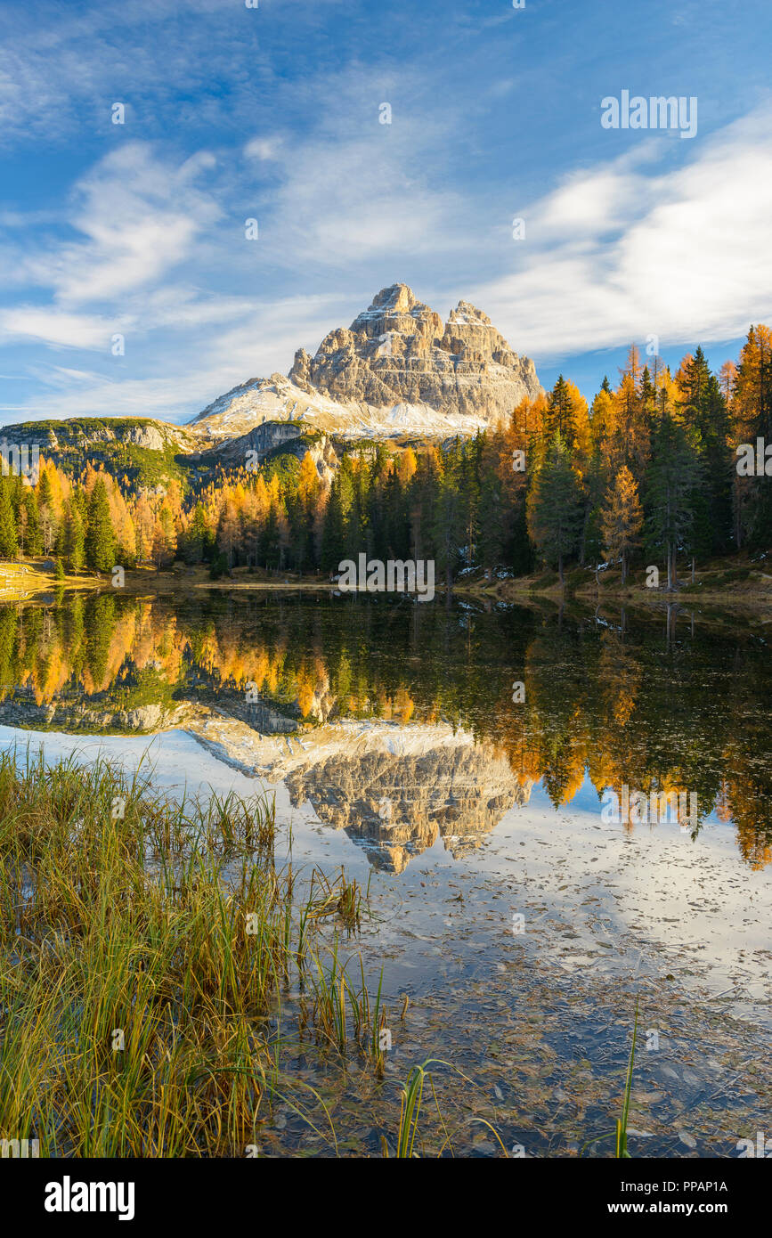 Antorno lake towards Tre Cime di Lavaredo mountain reflected in lake ...