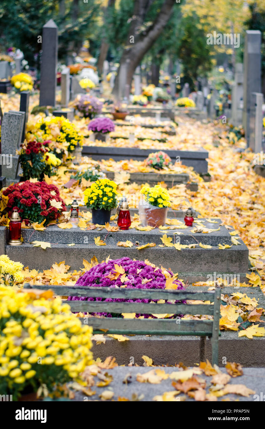 decorated graves in cemetery during All Saints Day in autumn time Stock ...