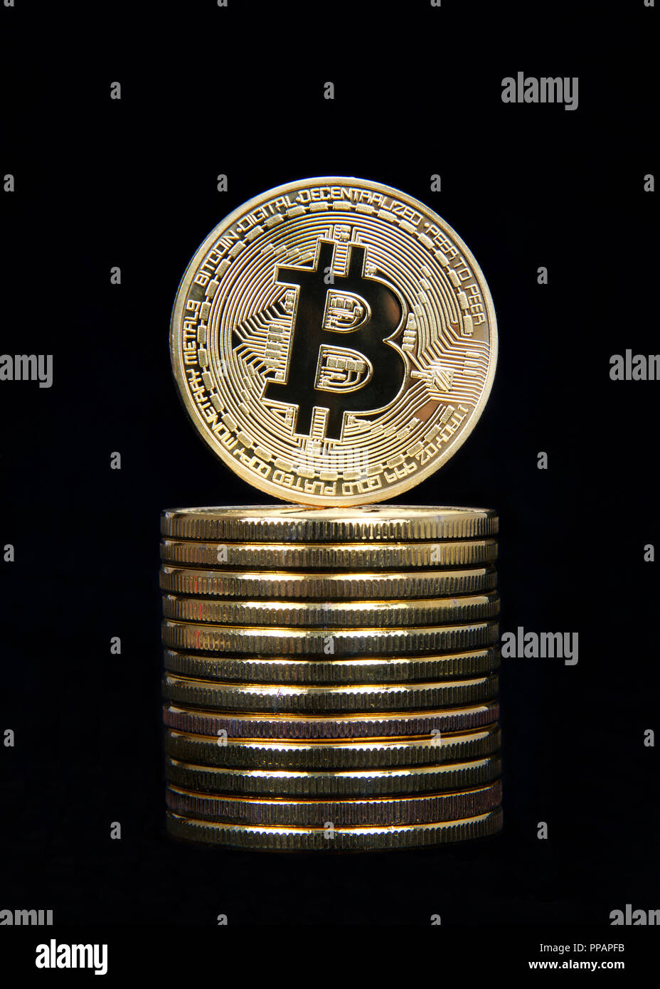 Digital Cryptocurrency currency. Golden bitcoin coin stacked and ...