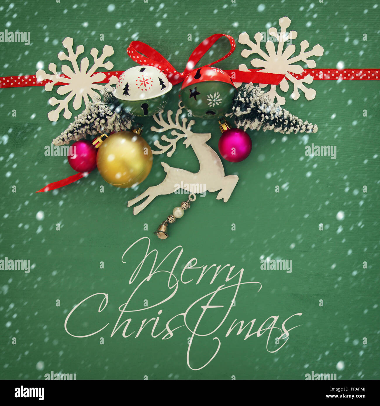 Christmas background with red silk traditional ribbon, white deer ...