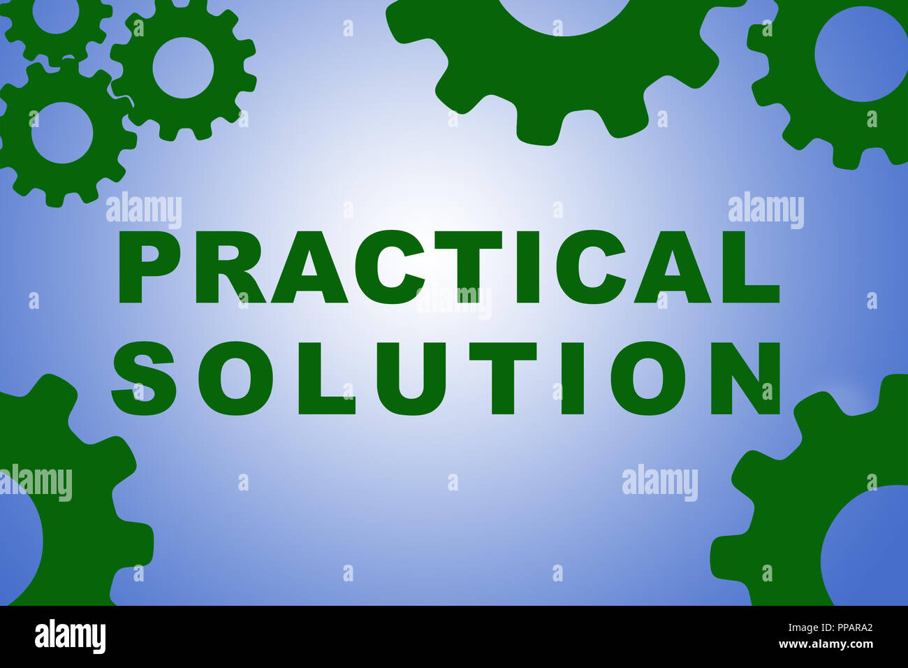 PRACTICAL SOLUTION sign concept illustration with green gear wheel ...