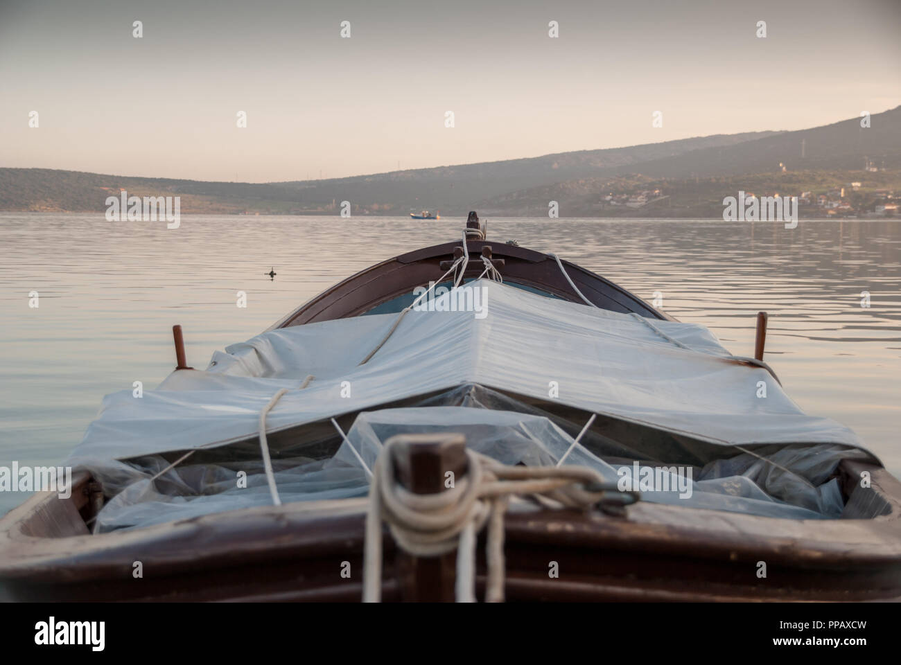 fishing boat view trough sea and seashore Stock Photo - Alamy
