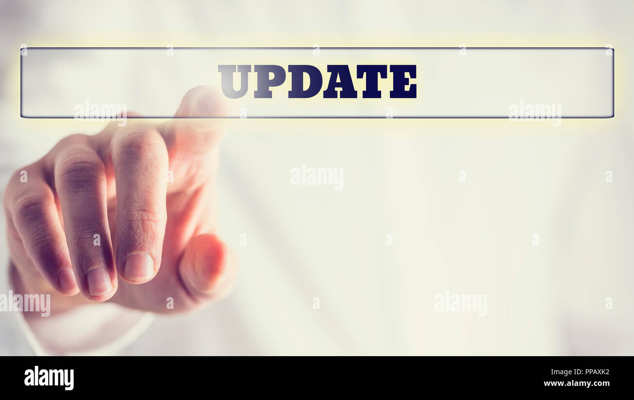 Close up Human Hand Pointing Update Text in Transparent Box, Isolated ...