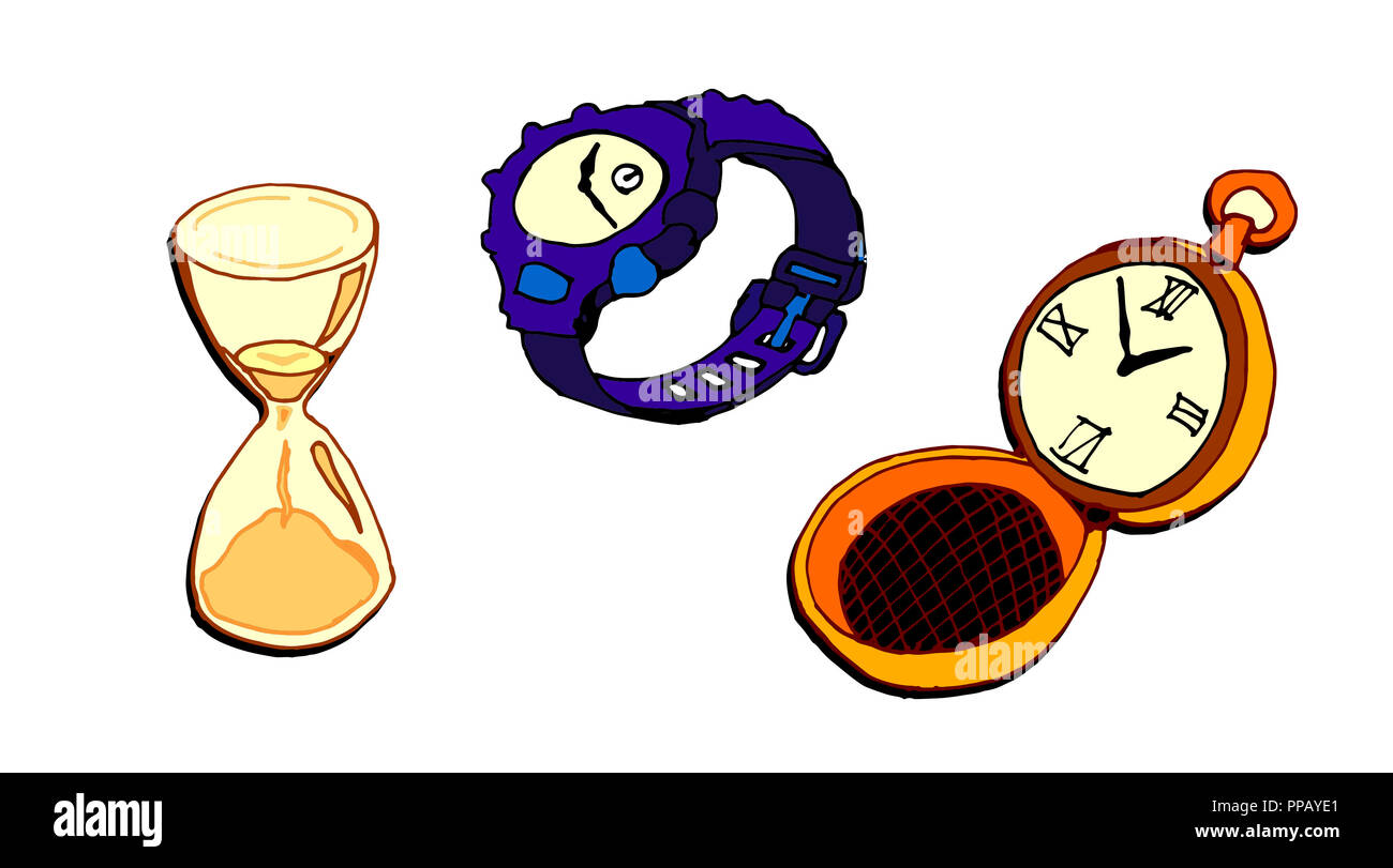 Set of clocks and watches - wristwatch, hourglass, cartoon illustration ...