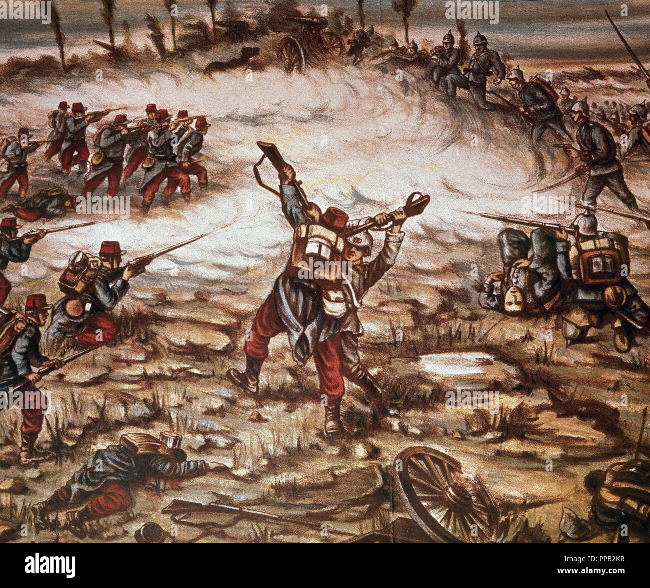WORLD WAR (1914-1918). Battle between German and French troops. Drawing ...