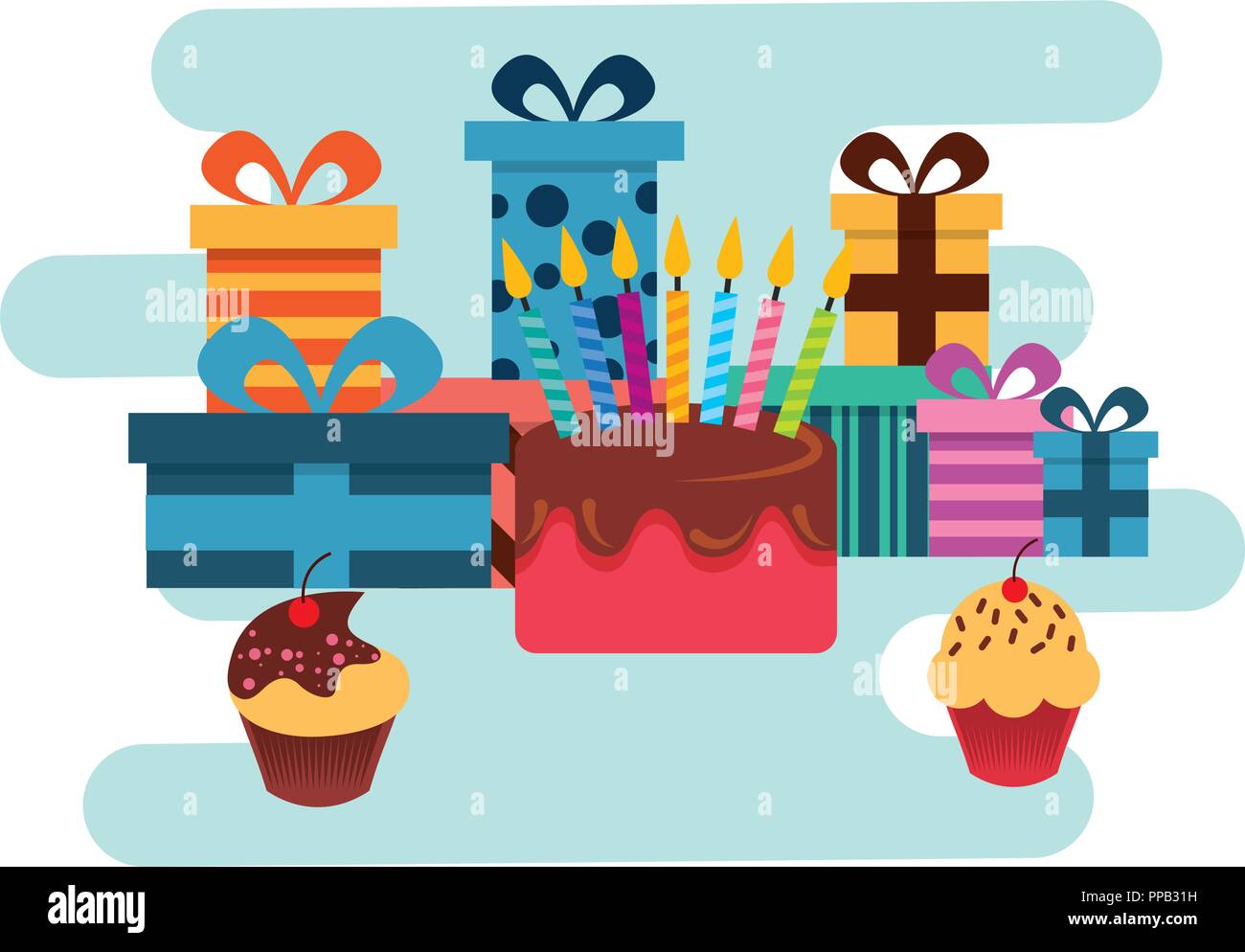 birthday gifts and sweet cake and cupcakes vector illustration Stock ...