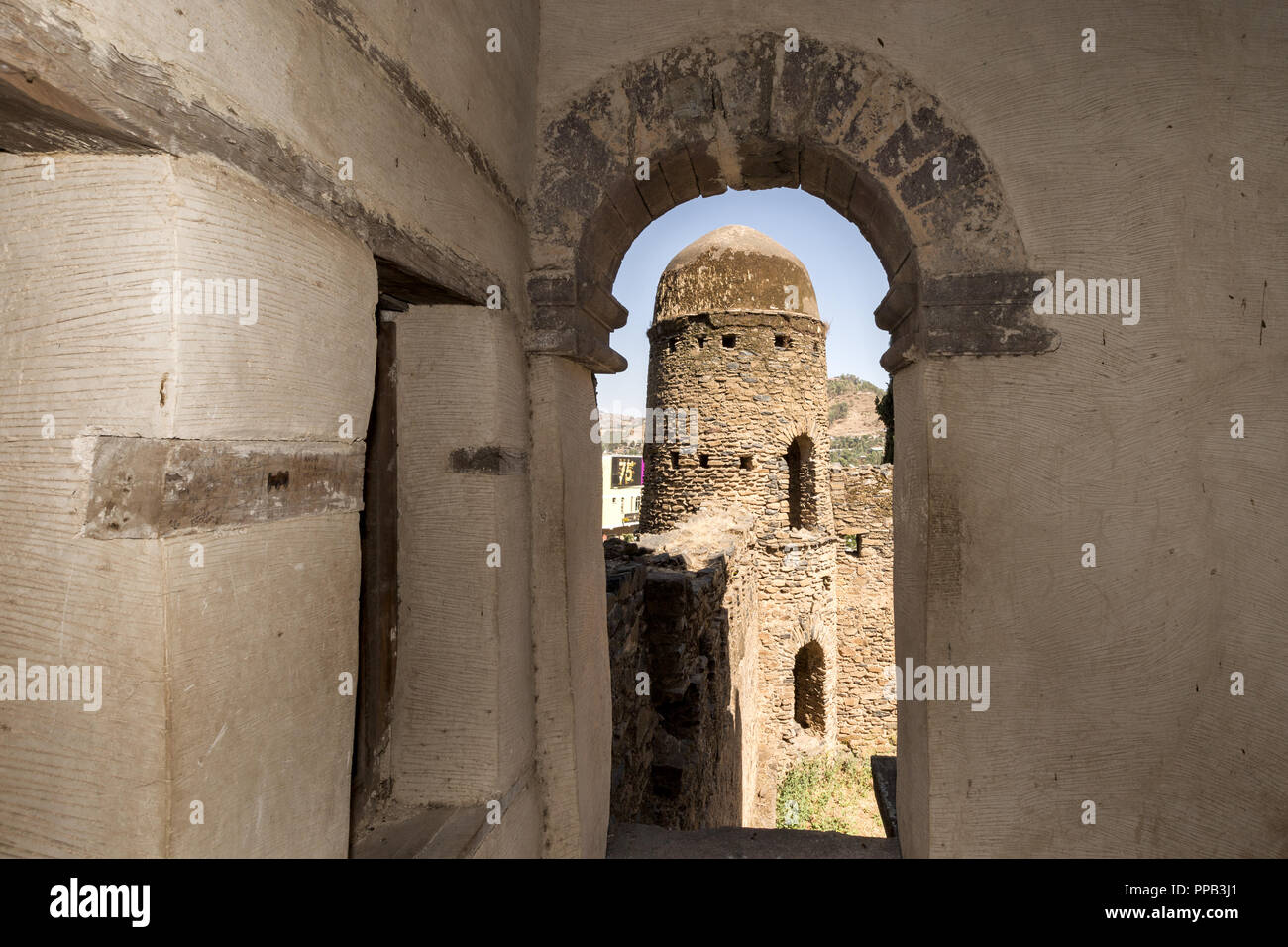 View of enclosure wall with tower from Bakafa's Castle, Fasil Ghebbi ...