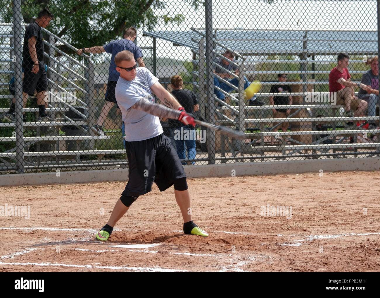 A Soldier hits a ball during a game of softball during Ivy Week 2018 at ...