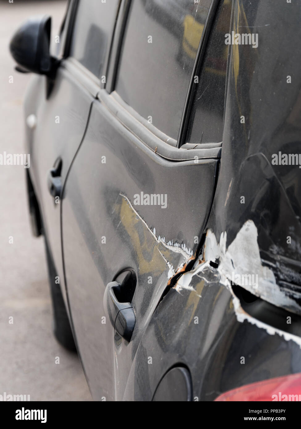 car accident, left side view of crashed car waiting insurance expert ...