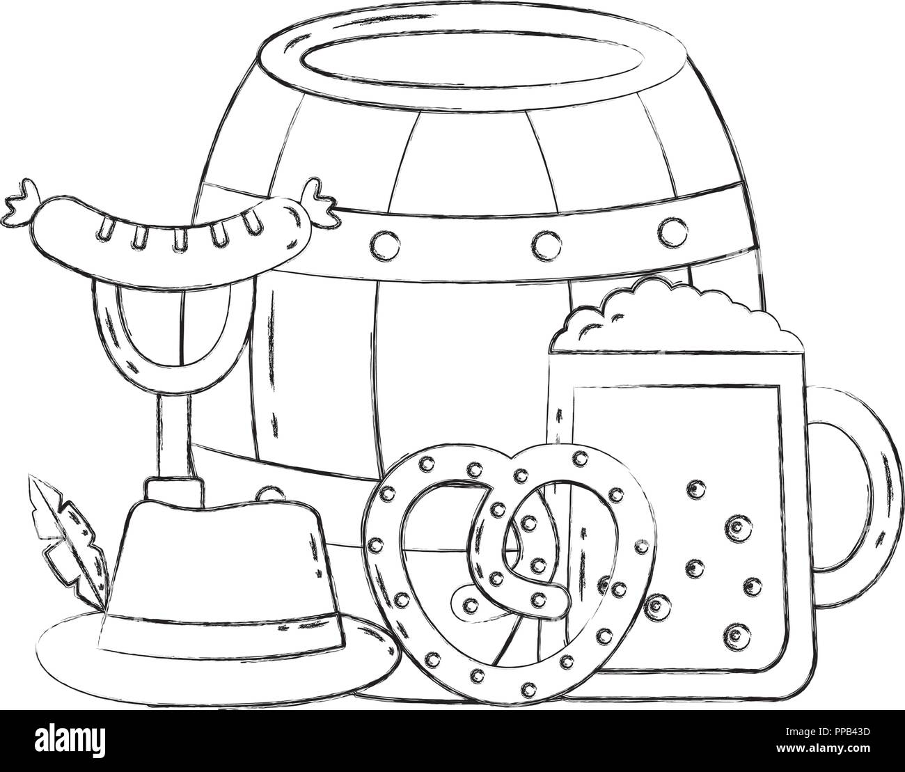 oktoberfest barrel beer pretzel sausage and hat traditional vector ...