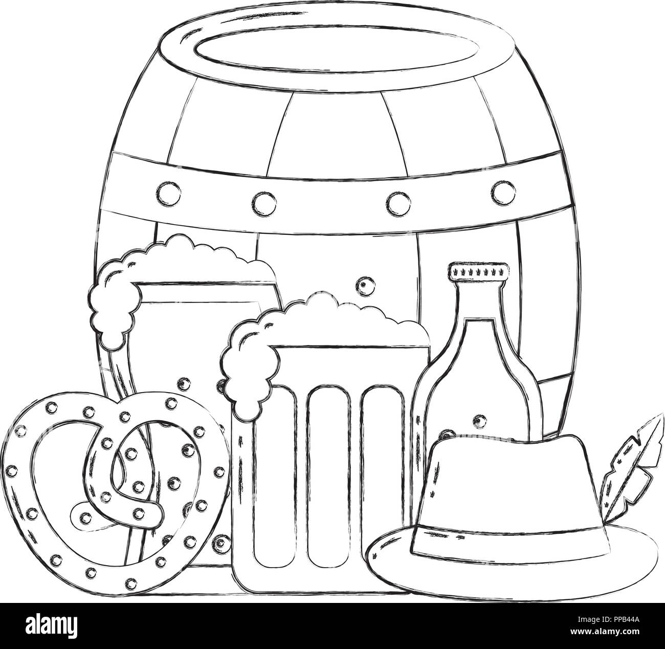 oktoberfest beers barrel pretzel and hat vector illustration hand ...