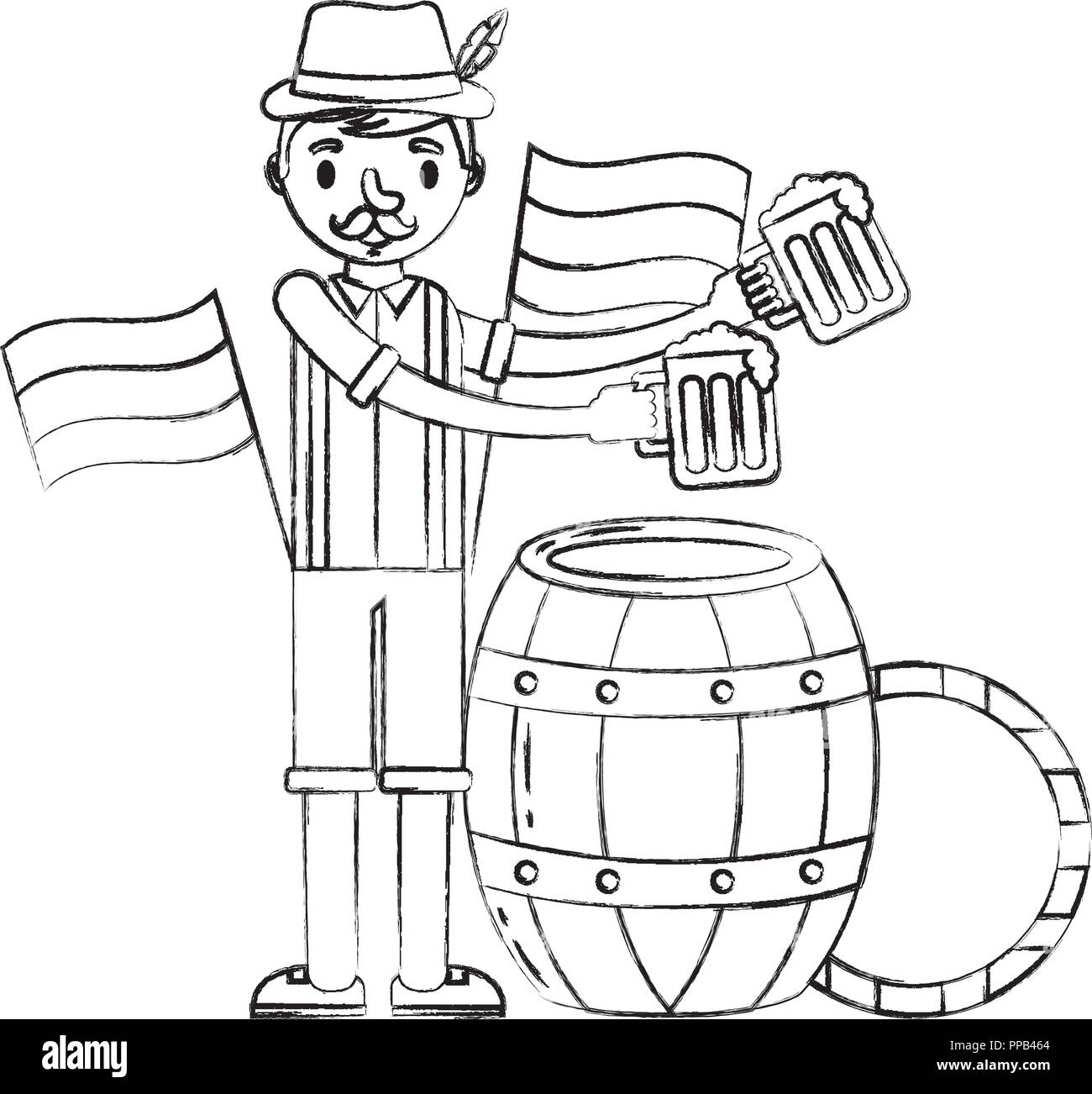 bavarian man with beers and barrel flags celebration vector ...