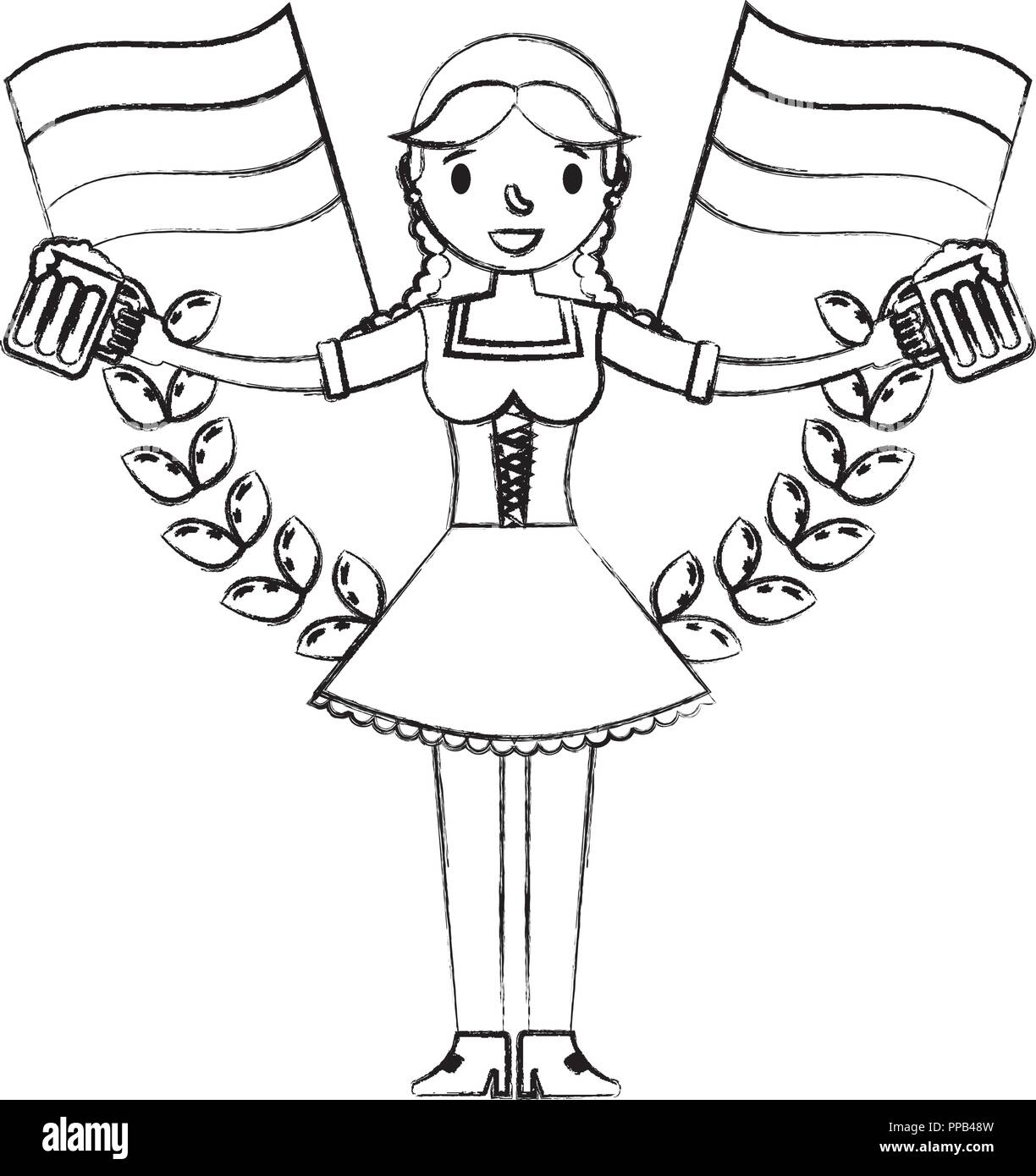 bavarian woman holding two beers flags emblem vector illustration hand ...