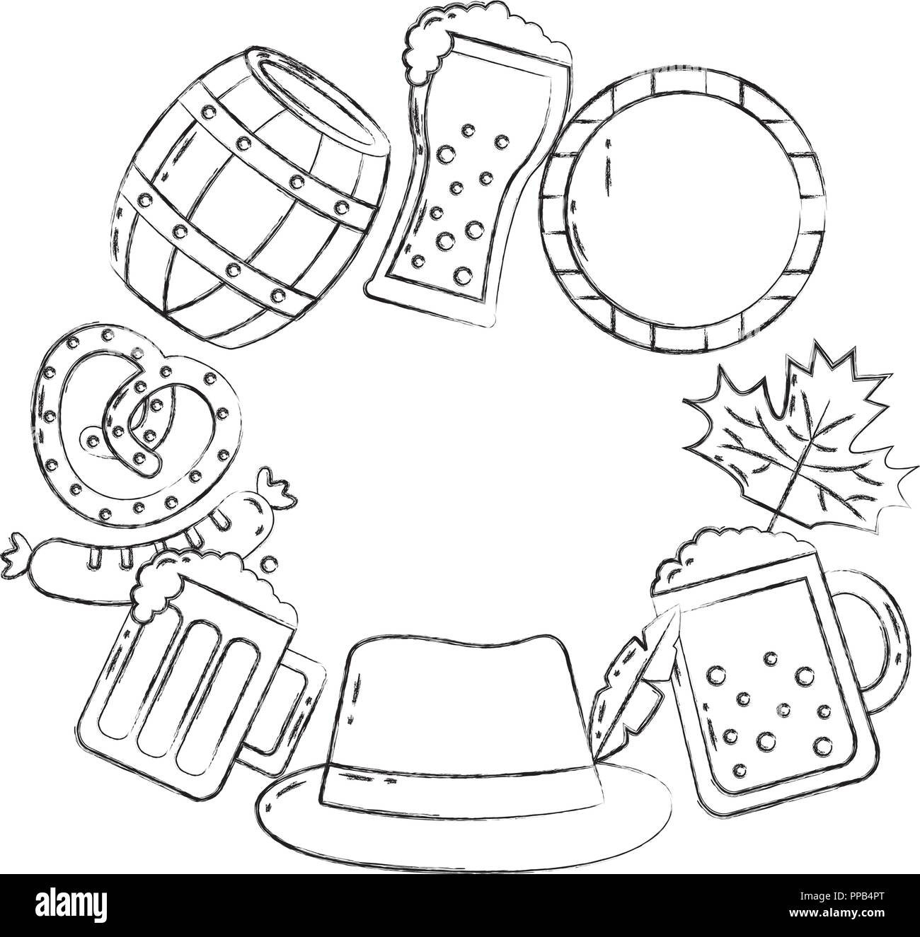 oktoberfest beer barrel leaves hat pretzel label vector illustration ...