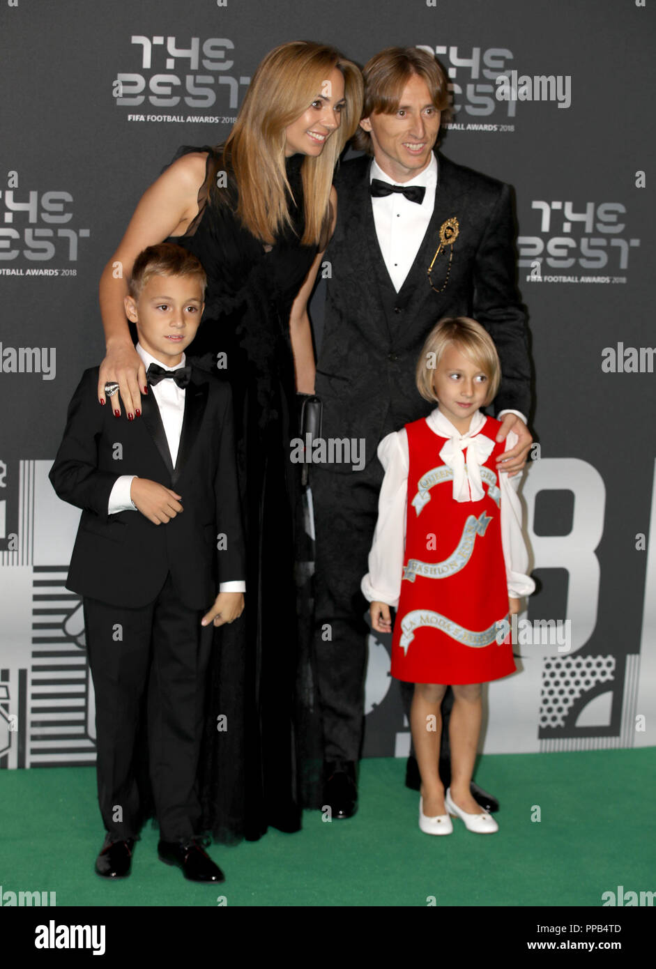 Luka Modric poses with his wife Vanja and their children Ivano and Ema ...