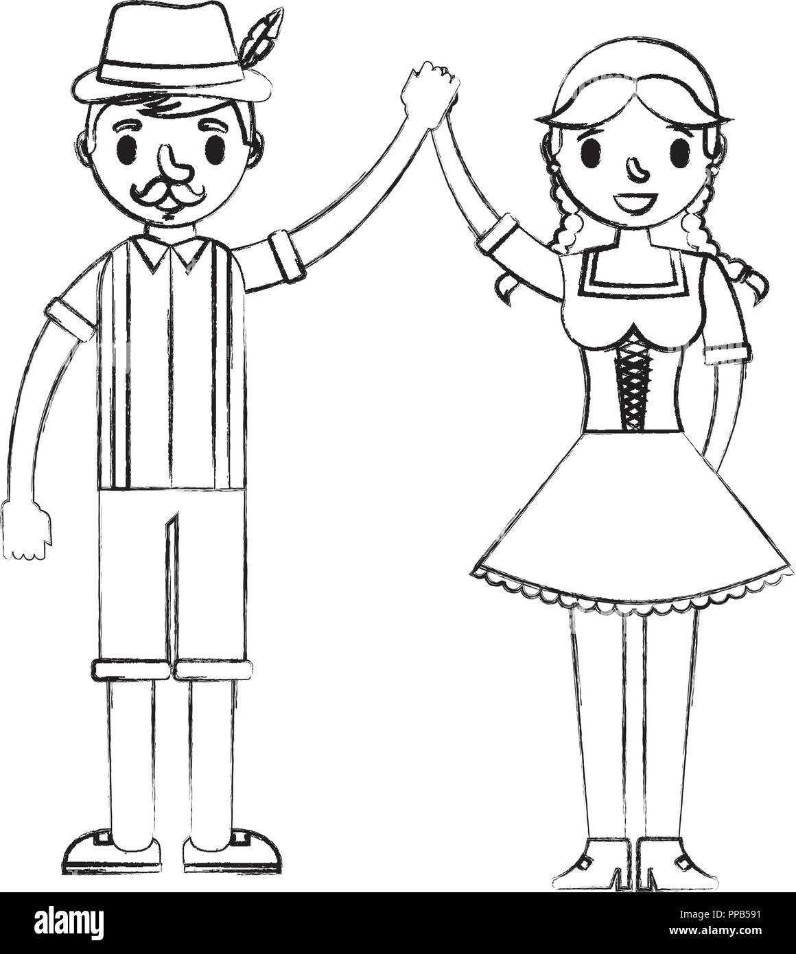 bavarian man and woman holding hands vector illustration hand drawing ...