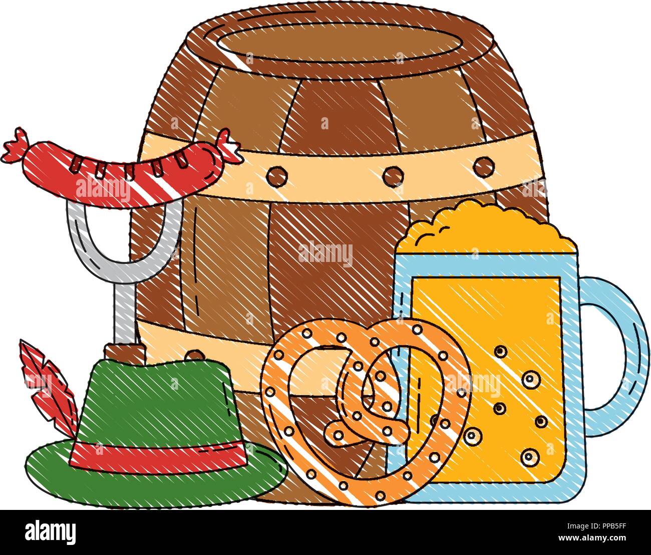 oktoberfest barrel beer pretzel sausage and hat traditional vector ...