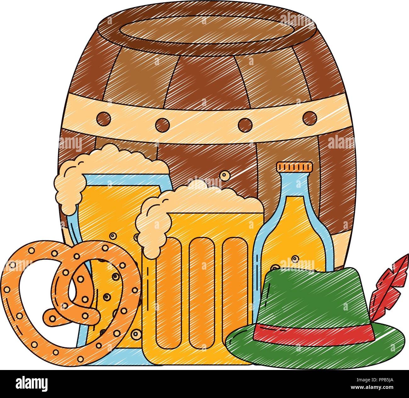 oktoberfest beers barrel pretzel and hat vector illustration Stock ...