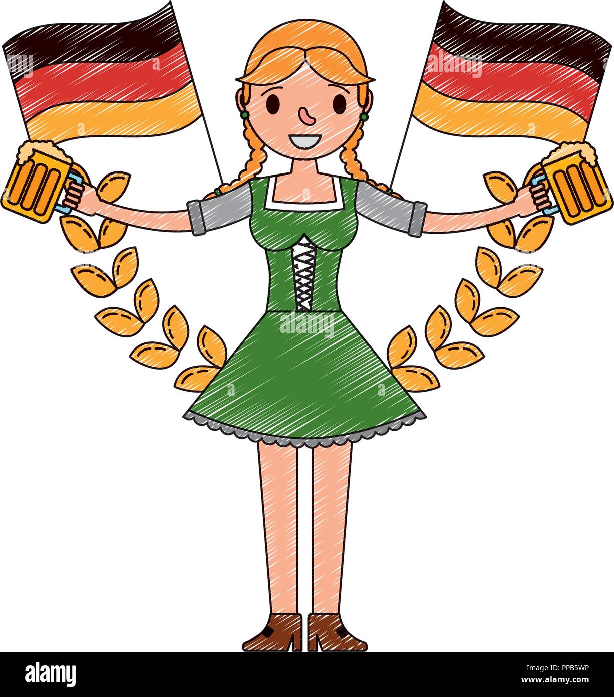 bavarian woman holding two beers flags emblem vector illustration Stock ...