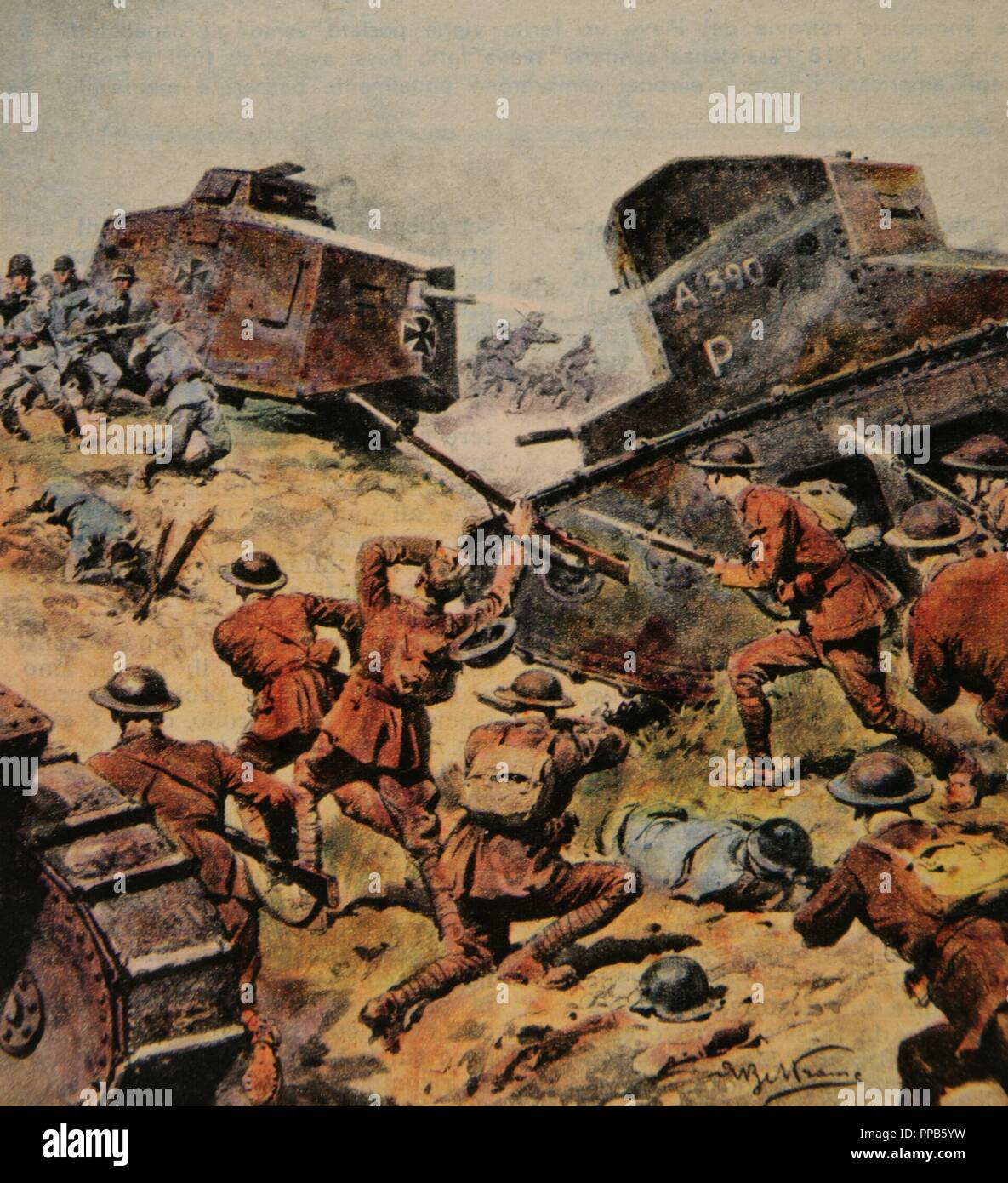 World War I (1914-1918). Battle between Allied and German tanks in May ...