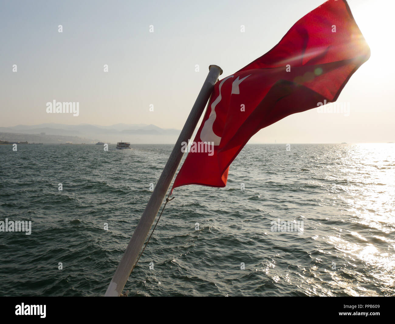 Sea View from ferry with Turkish flag Stock Photo - Alamy