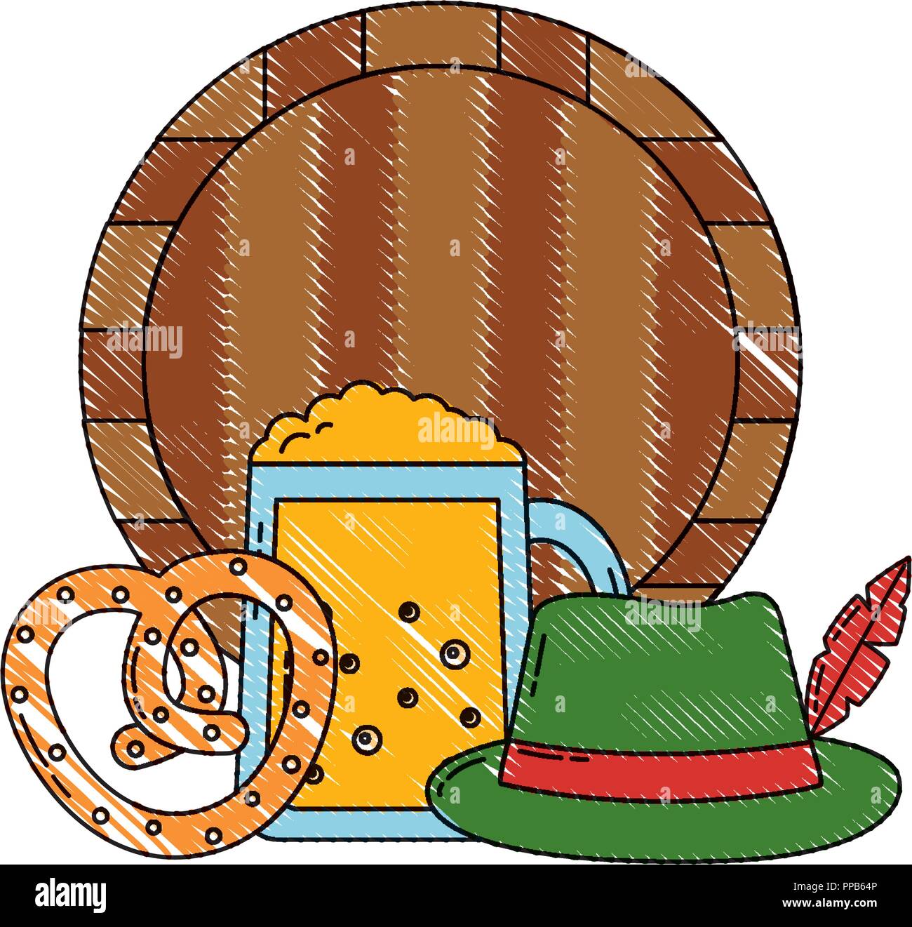 oktoberfest beer barrel glass hat and pretzel vector illustration Stock ...