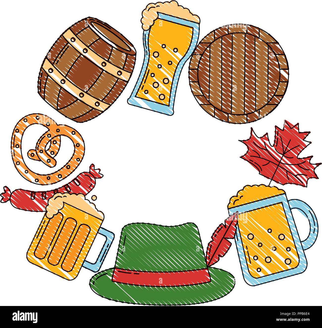 oktoberfest beer barrel leaves hat pretzel label vector illustration ...