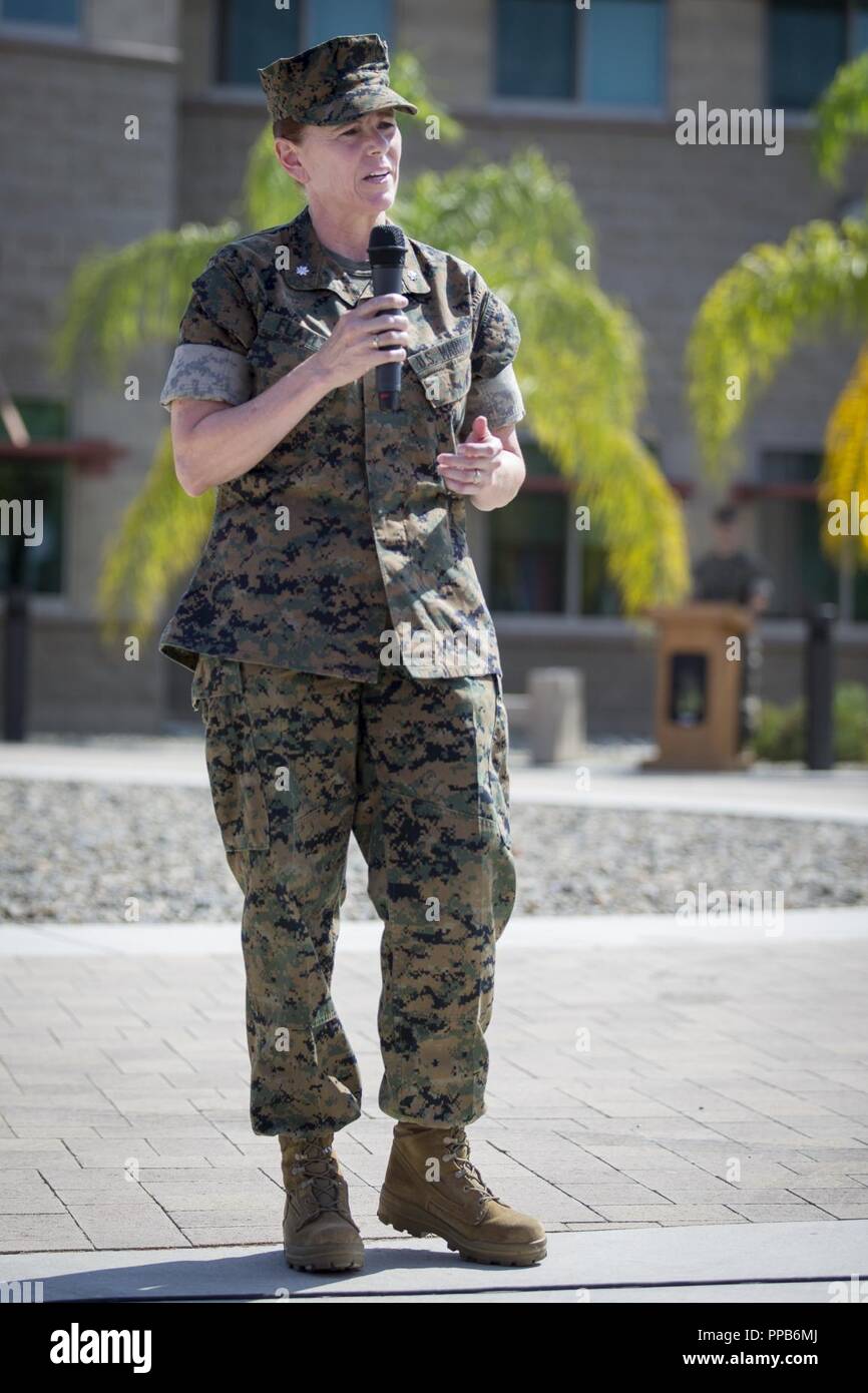 U.S. Marine Corps Lt. Col. Mary K. Flatley, incoming commanding officer ...