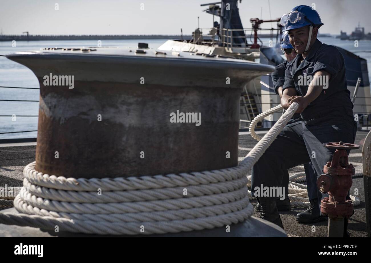 Romania (Aug. 14, 2018) Seaman Jose Escobar heaves line around a ...
