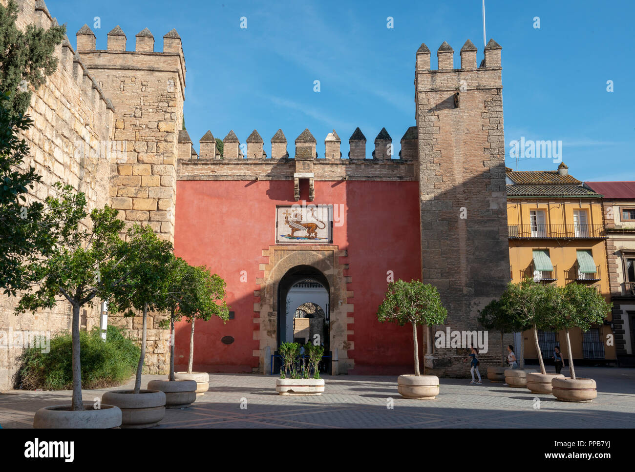 Alcazar, Royal Palace, entrance gate, castle wall, Sevilla, Andalusia ...