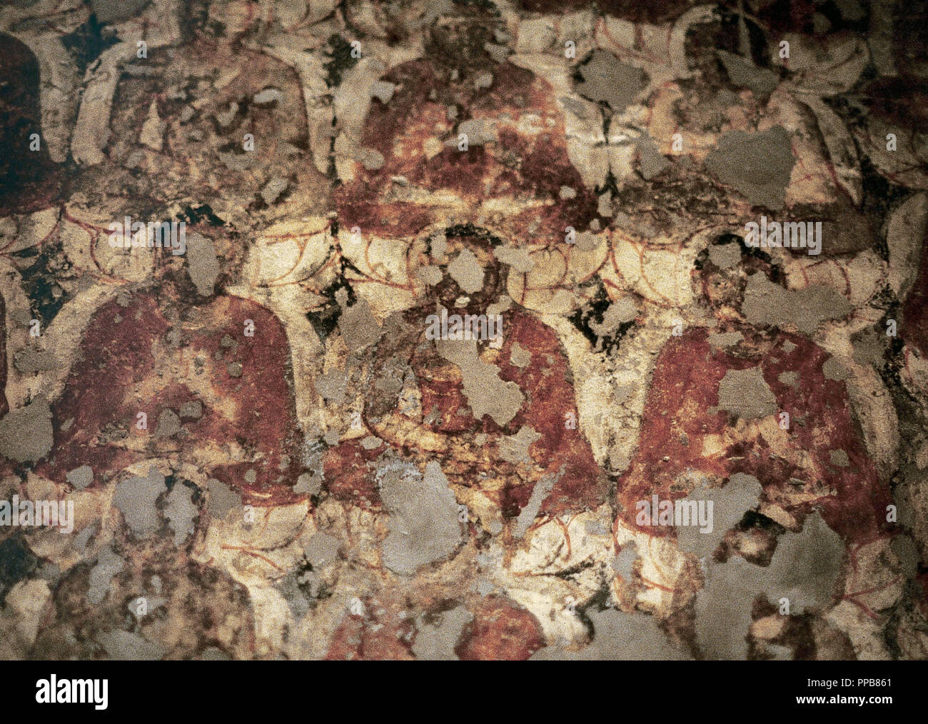 India. Ajanta Caves. Detail of the frescoes inside the cave number 2 ...