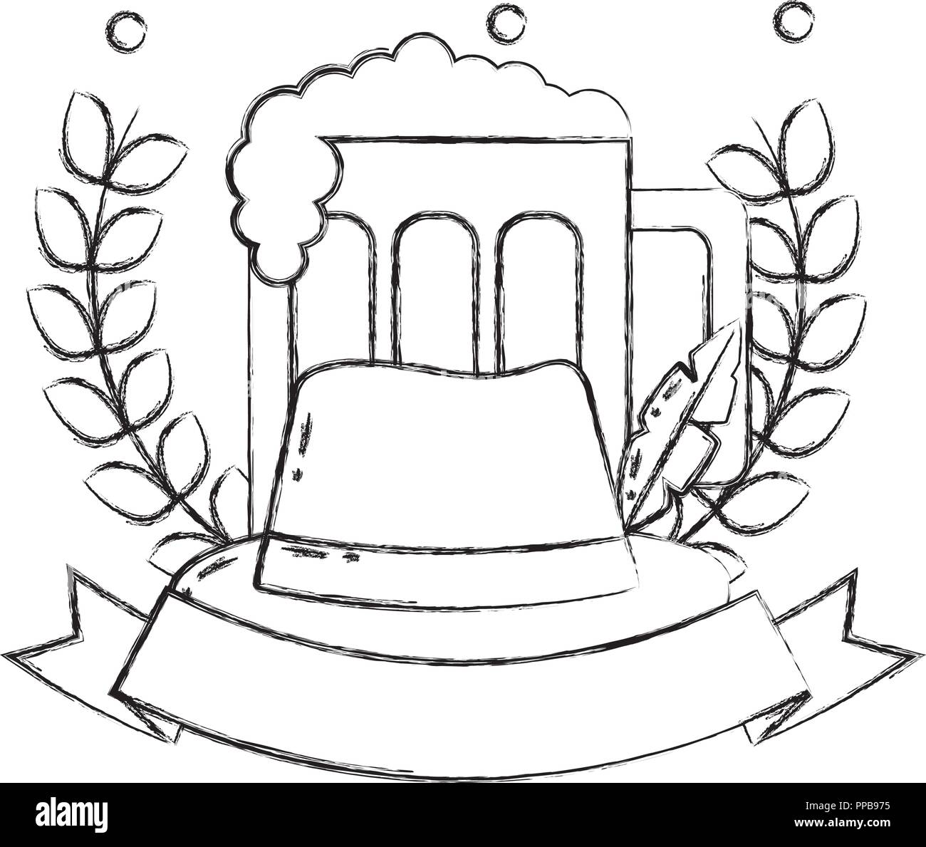 oktoberfest beer glass and hat emblem vector illustration hand drawing ...