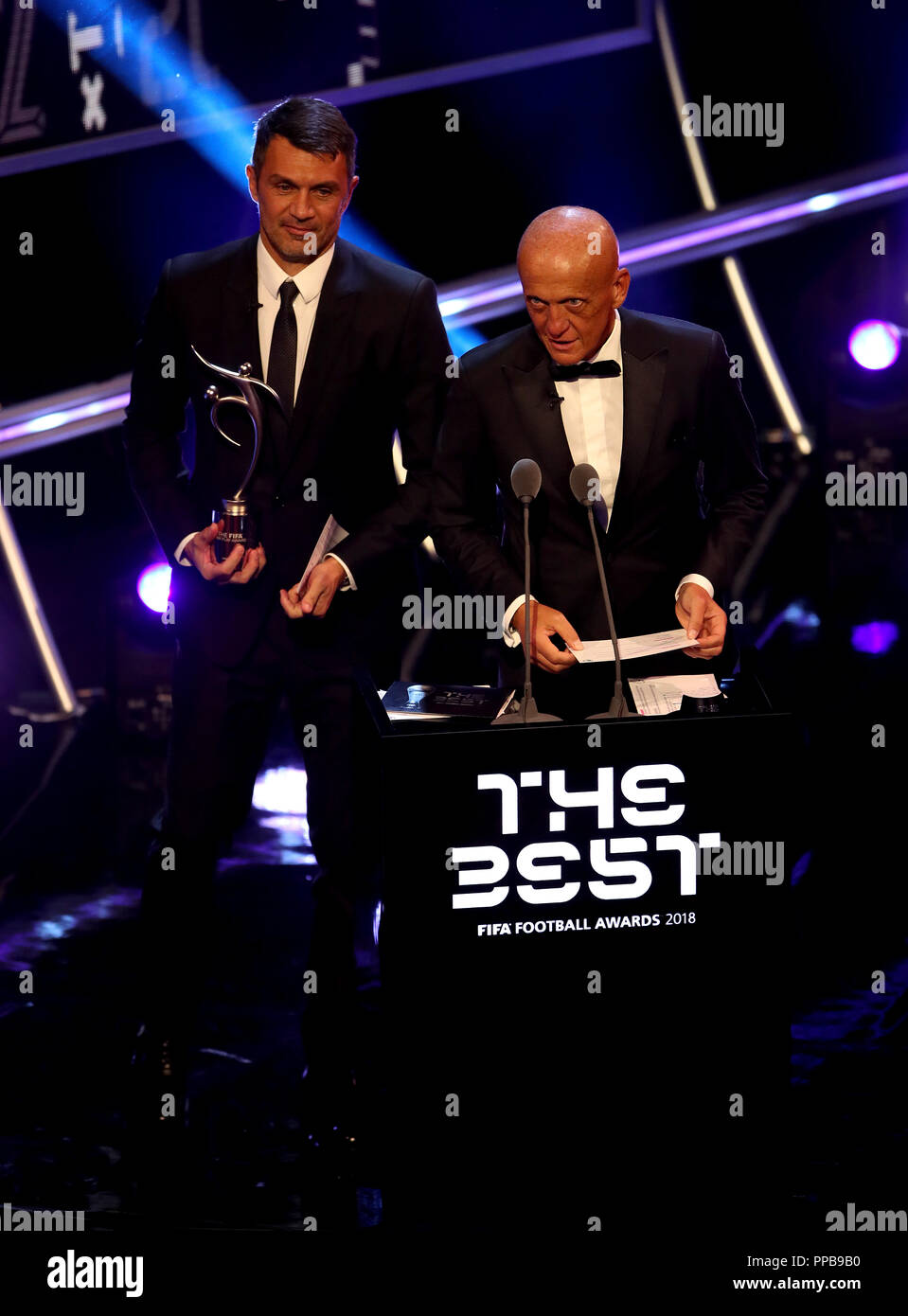 Paolo Maldini (left) and Pierluigi Collina (right) on stage presenting ...