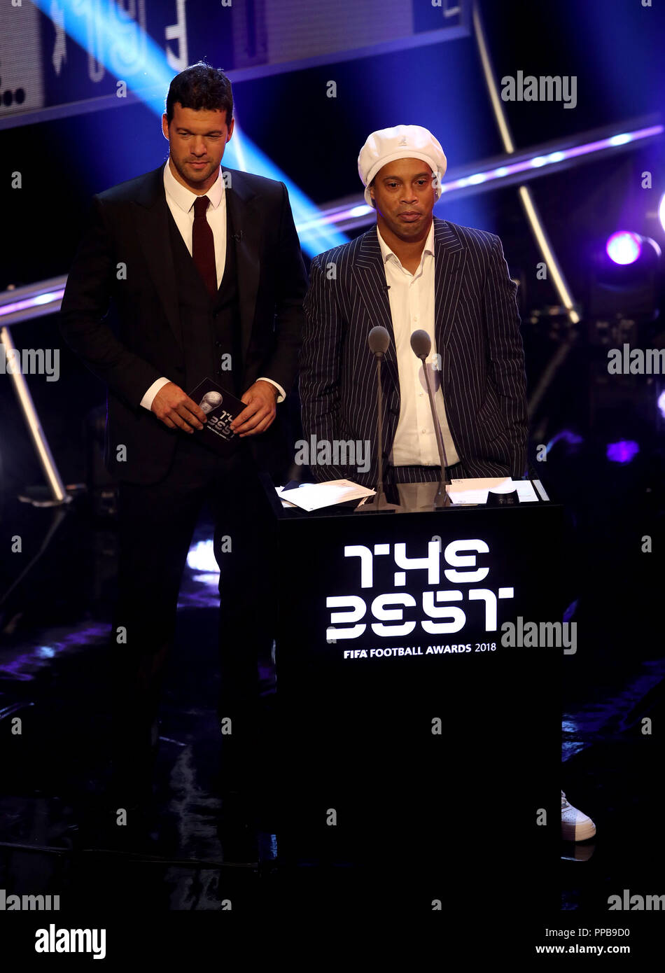 Michael Ballack (left) and Ronaldinho (right) on stage presenting the ...