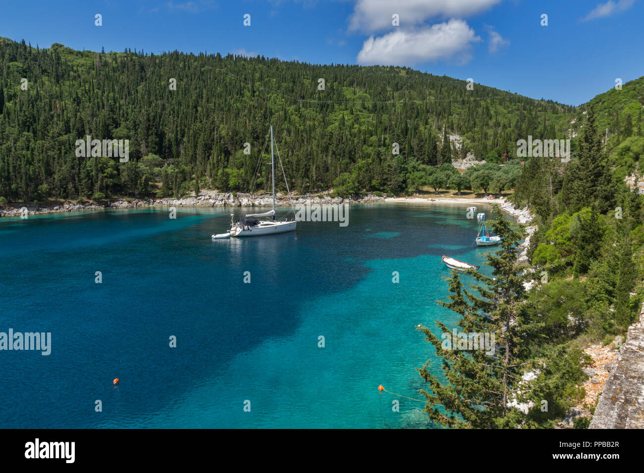 Landscape with Green Forest around Foki Fiskardo Beach, Kefalonia ...