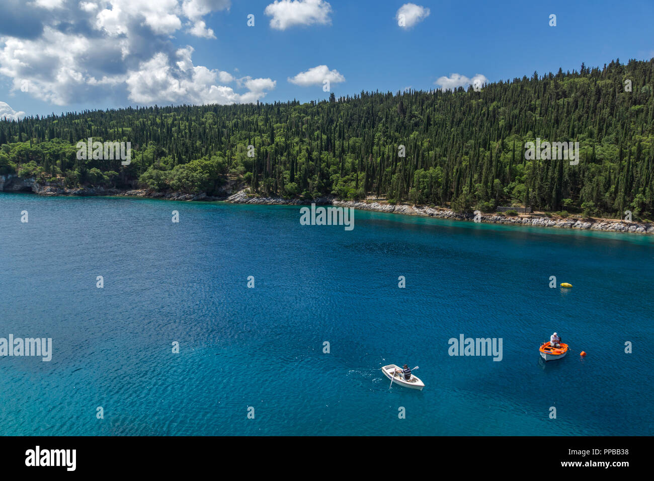 Landscape with Green Forest around Foki Fiskardo Beach, Kefalonia ...