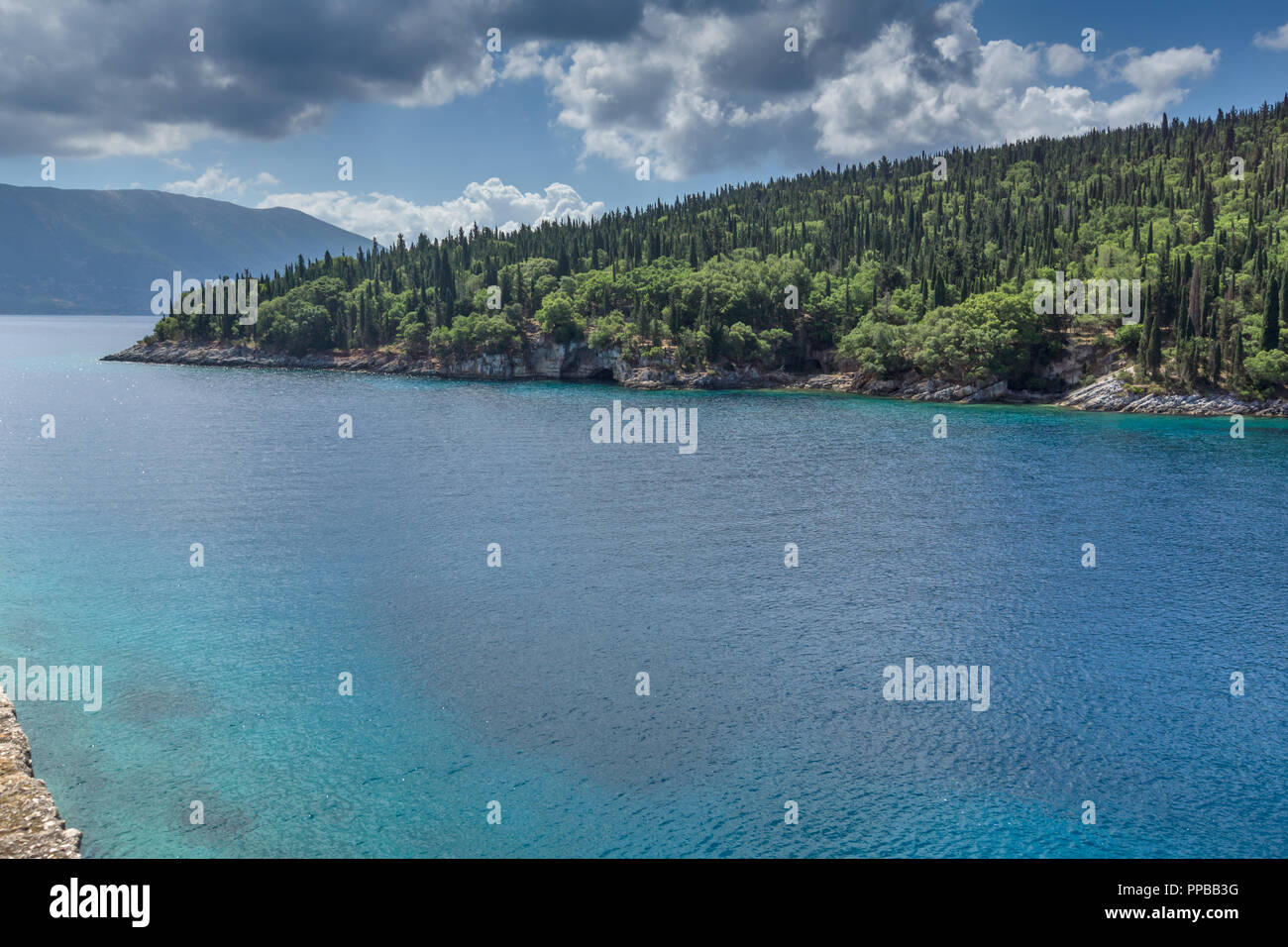 Landscape with Green Forest around Foki Fiskardo Beach, Kefalonia ...