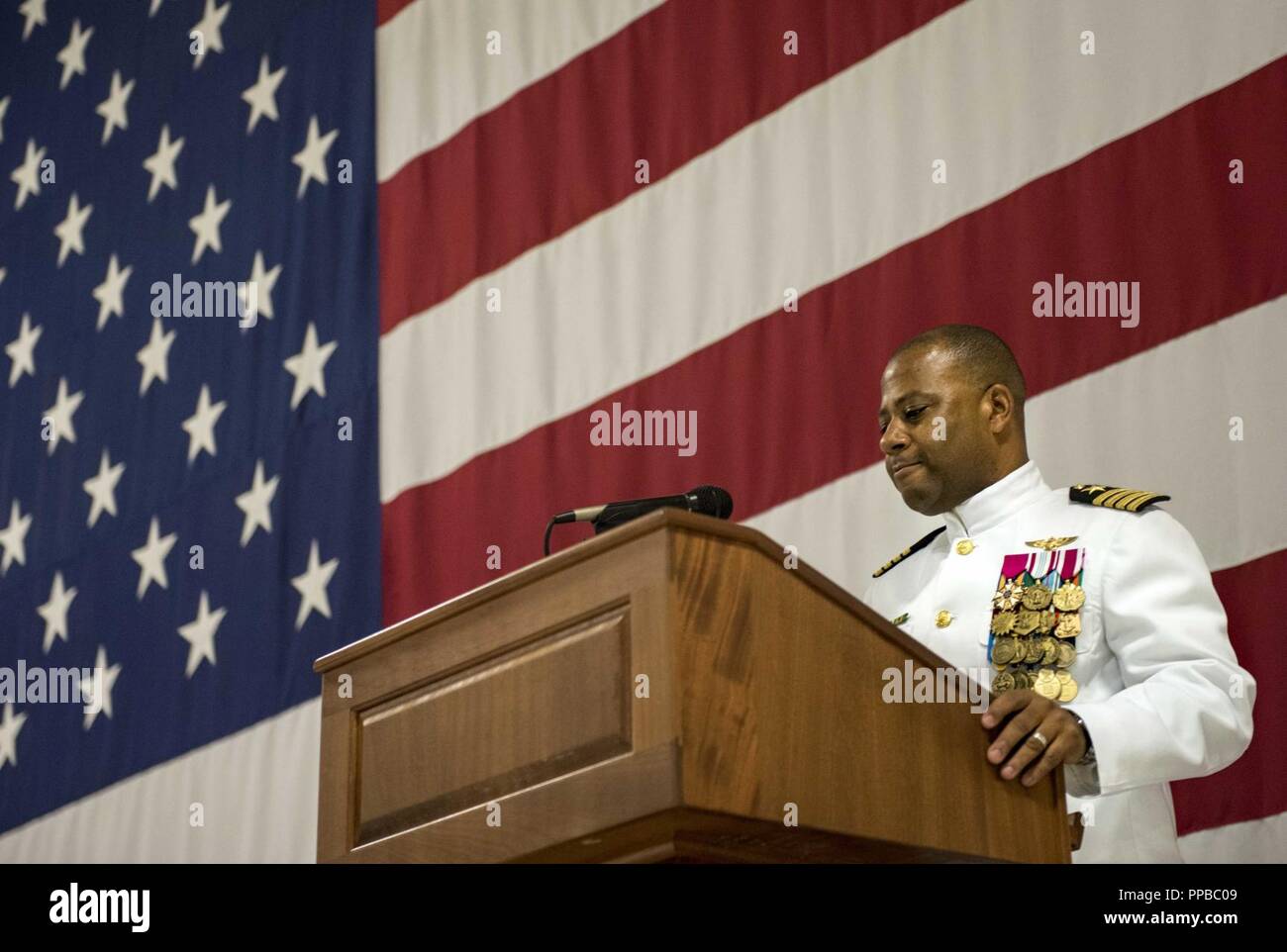 VIRGINIA BEACH, Va. (Aug. 16, 2018) Capt. Vorrice J. Burks speaks ...