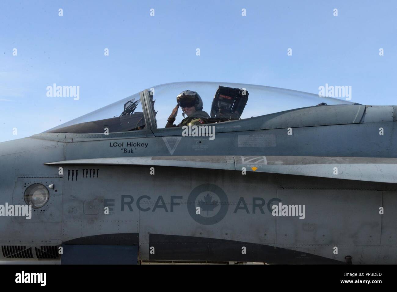 A Royal Canadian Air Force (RCAF) CF-188 Hornet pilot salutes as he ...