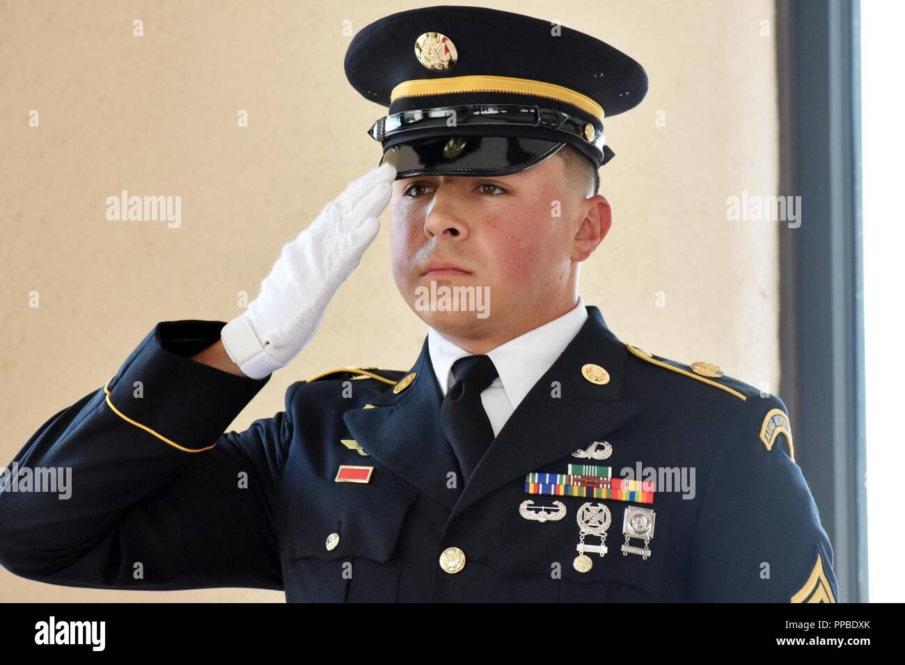 A member of the New Mexico National Guard Honor Guard salutes during ...