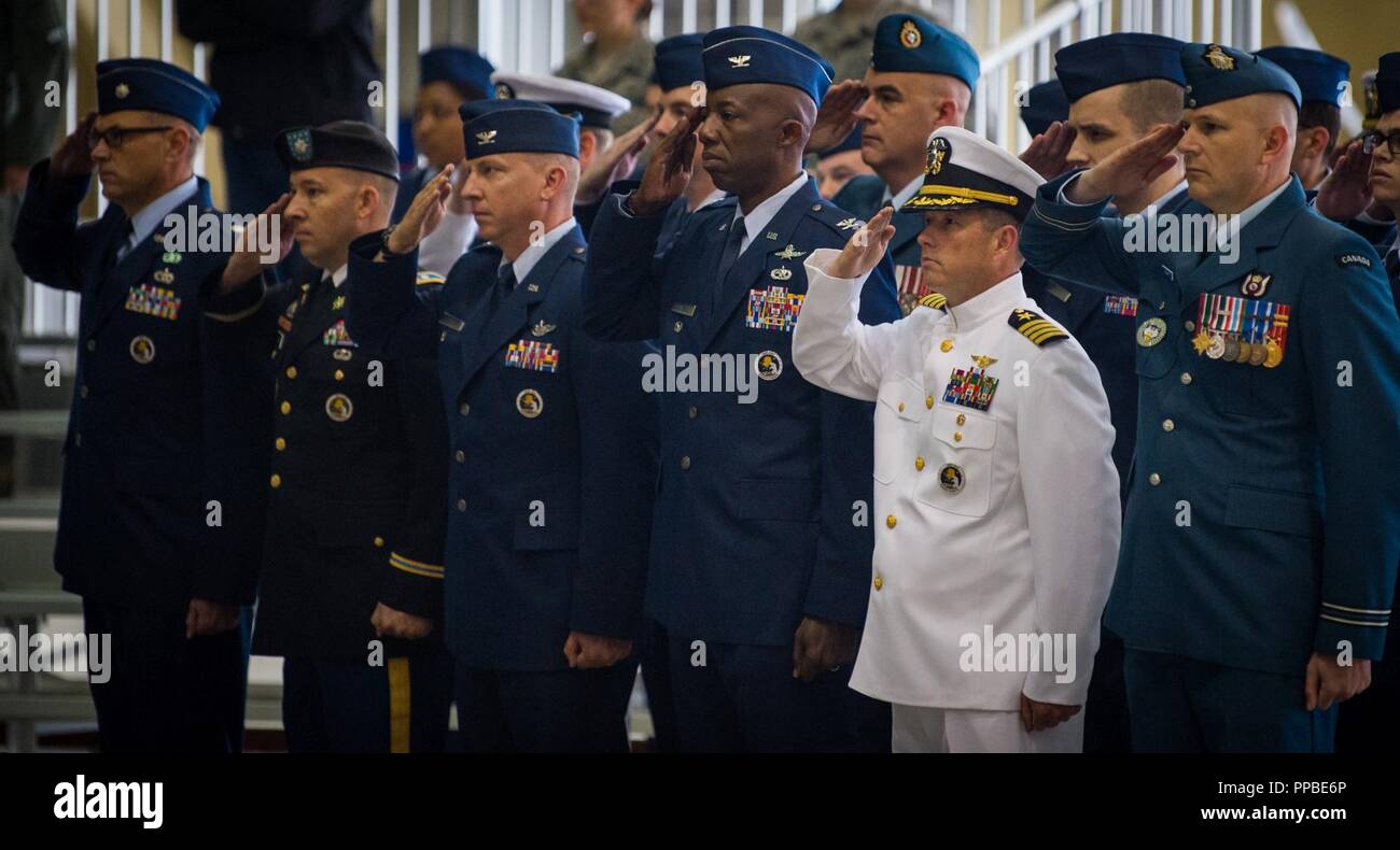Joint service members render salutes during the singing of the national ...